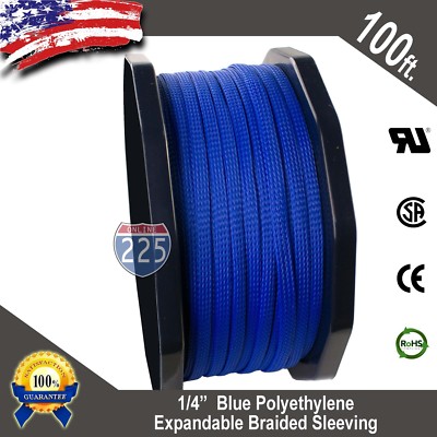 100 FT 1/4" Blue Expandable Wire Cable Sleeving Sheathing Braided Loom ...