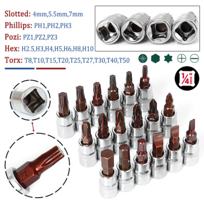 Torx/Hex/Phillips/Slotted/Pozi Bit Socket 1/4" Square Drive Socket S2 ...