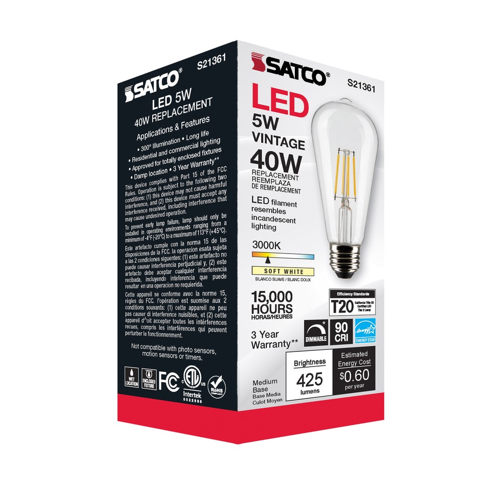 Satco 5W =40W ST19 Clear LED Nostalgic Bulb Medium E26 3000K Warm 120V ...