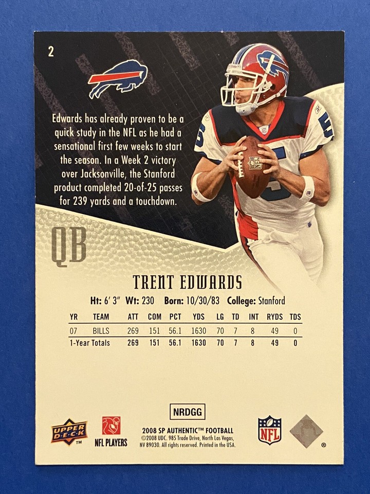 TRENT EDWARDS Signed 2008 SP Authentic #2 Buffalo Bills Stanford ...