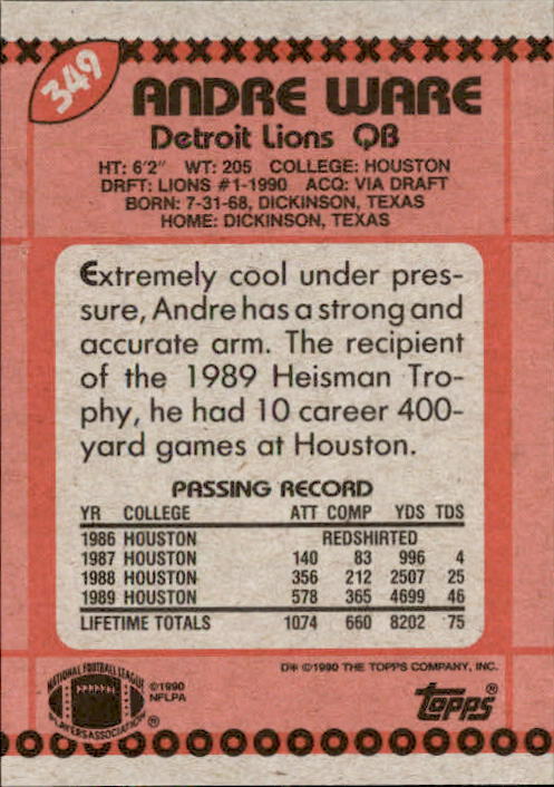Andre Ware 1990 Topps Draft Pick Card #349 | eBay