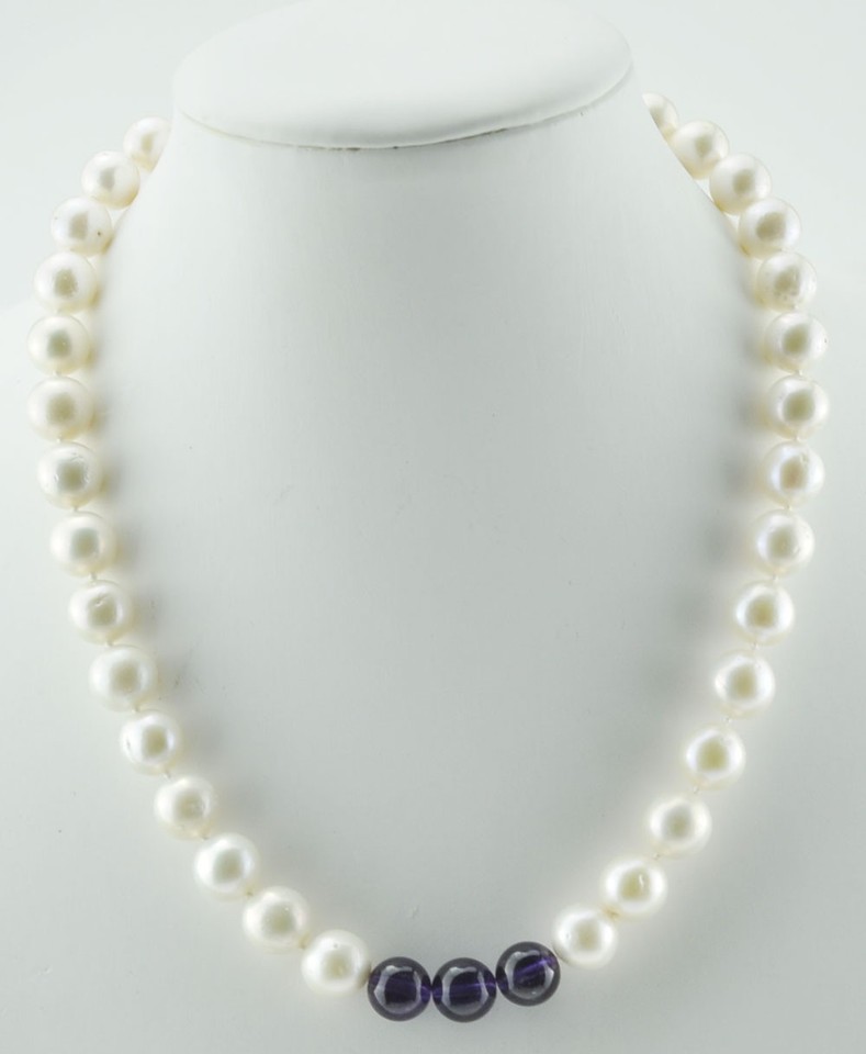 Real AAA Natural 10-11mm White Freshwater Pearl Amethyst Necklace 14 ...