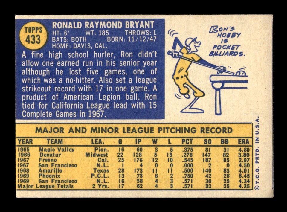 Ron Bryant 1970 Topps MLB Baseball #433 RC Rookie San Francisco Giants ...