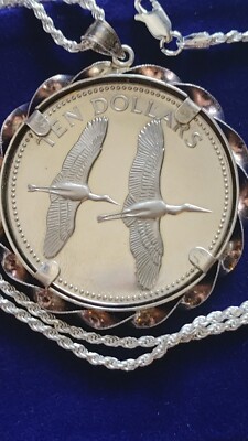 1979 Belize Sterling Silver Storks coin pendant on a 24" ITLY Rope ...