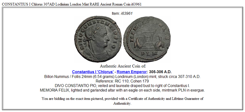 CONSTANTIUS I Chlorus 307AD Lodinium London Mint RARE Ancient Roman ...