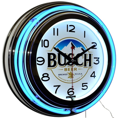 BUSCH Brewed in USA Beer Sign 15" Blue Double Neon Wall Clock Garage ...