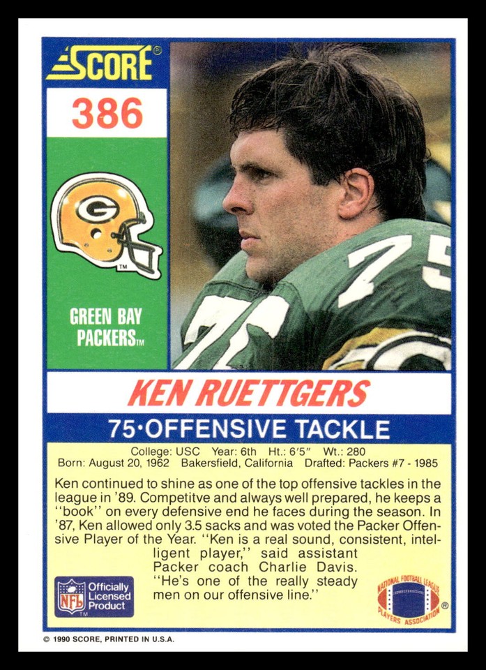 1990 Score #386 Ken Ruettgers Green Bay Packers Football Card EX | eBay