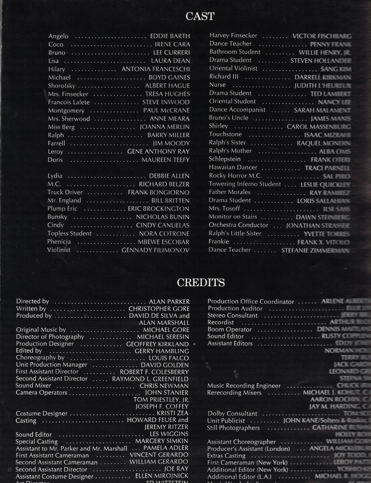 Fame Movie Program 1980 Irene Cara Richard Belzer Eddie Barth Laura ...