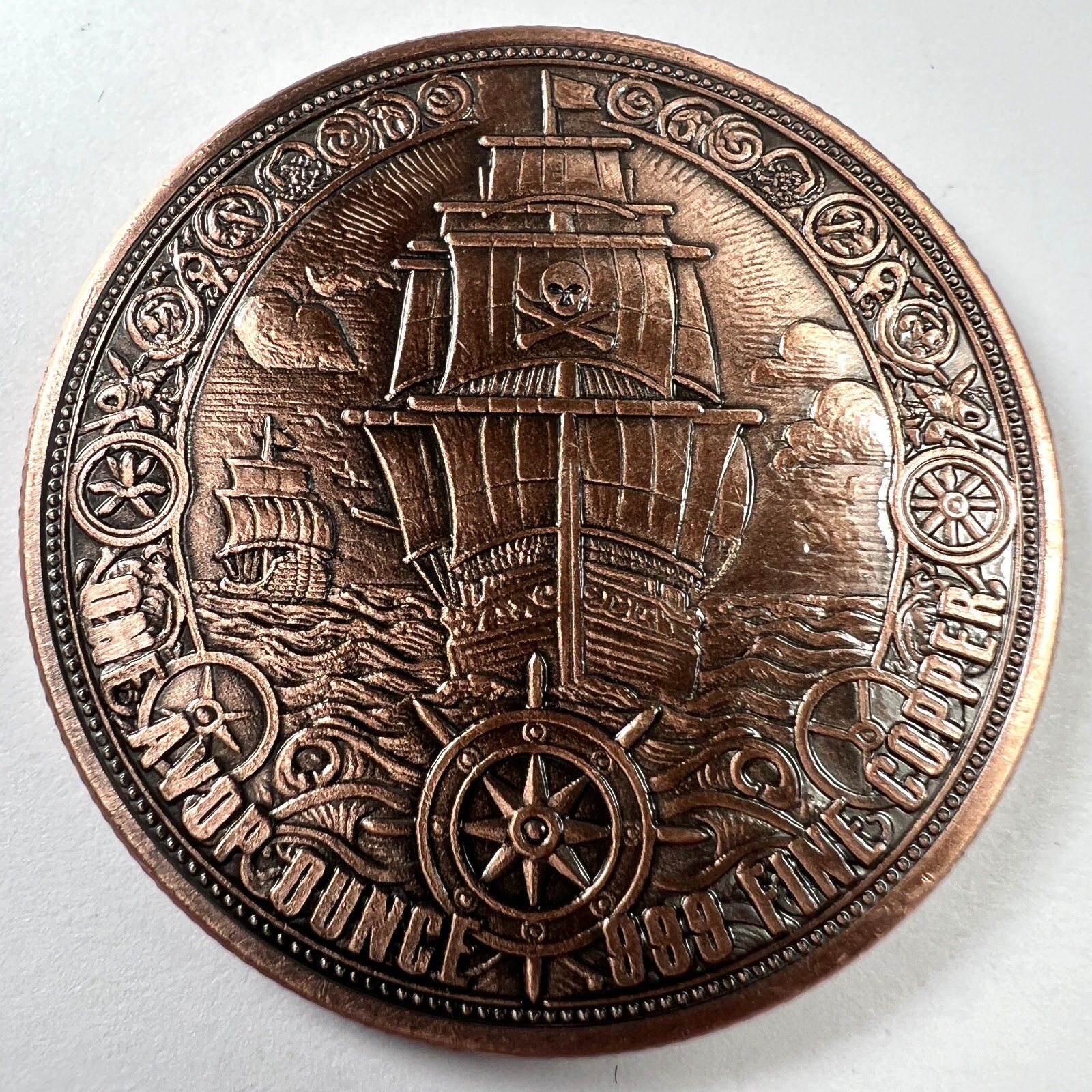 Tube of 20 - 1oz Copper Pirate Ship Rounds Antiqued Finish Skull ...