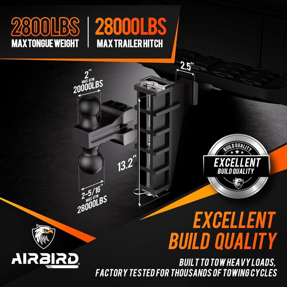 AIRBIRD Adjustable Trailer Hitch Fits 2.5-Inch Receiver, 8 Inch Drop ...