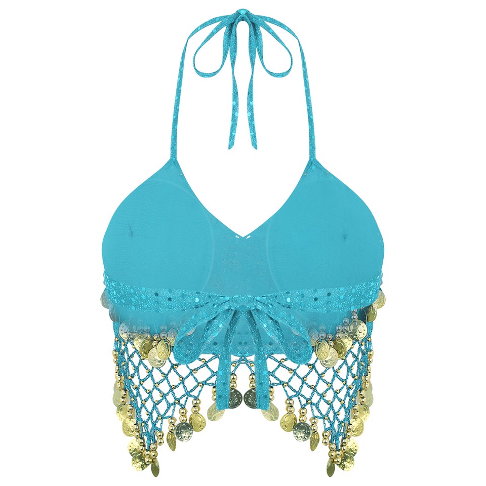 Women Belly Dance Crop Top Sequin Halter Backless Tube Top Rave Party ...
