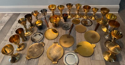 LOT OF 33 VINTAGE CATHOLIC CHURCH ALTAR CHALICES PATENS CIBORIUM ...