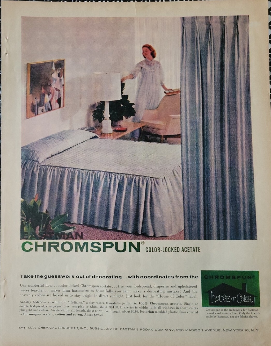 1959 Eastman Chromspun Color Locked Acetate Fabric Bedspread Vintage ad ...