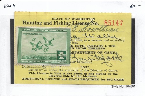 1938 Washington State Hunting License w/Federal Duck Stamp #RW4 (63721 ...
