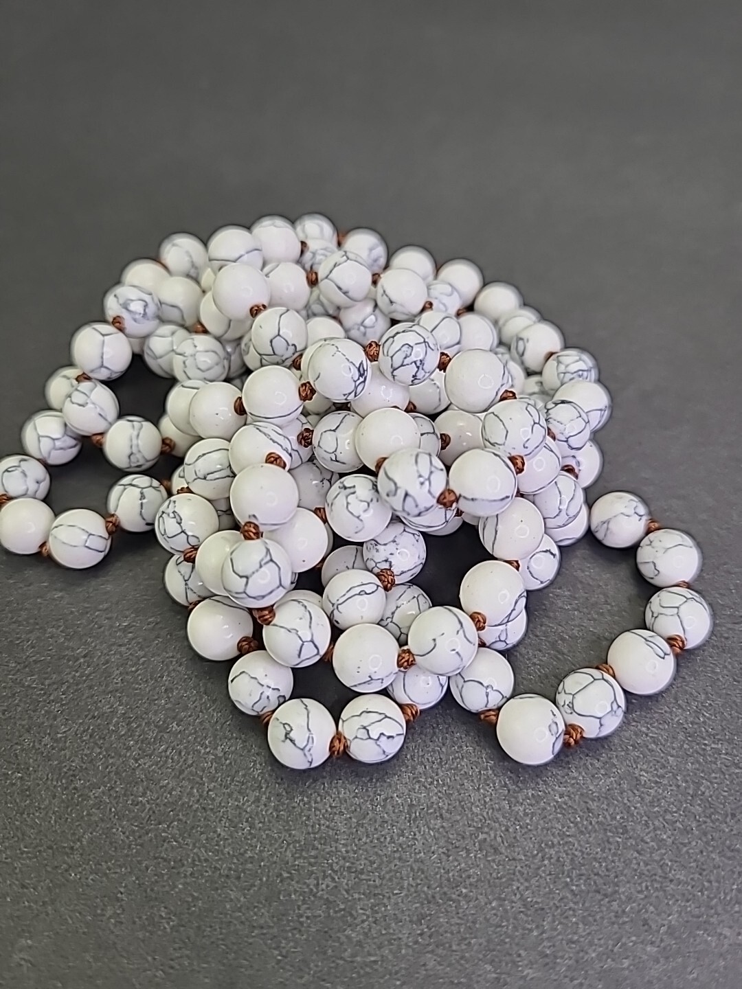 White Howlite Round Gemstone Single Knotted Strand Long Beaded Necklace ...