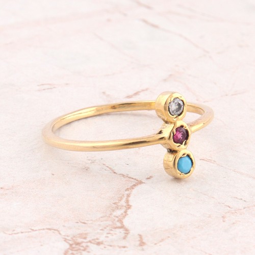 Hydro Quartz Turquoise Yellow Gold Plated tiny Round Three Stones Ring ...