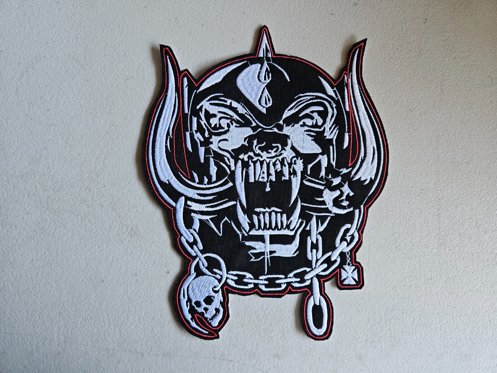 MOTORHEAD LOGO, SEW ON WHITE WITH RED BORDER EMBROIDERED LARGE BACK ...