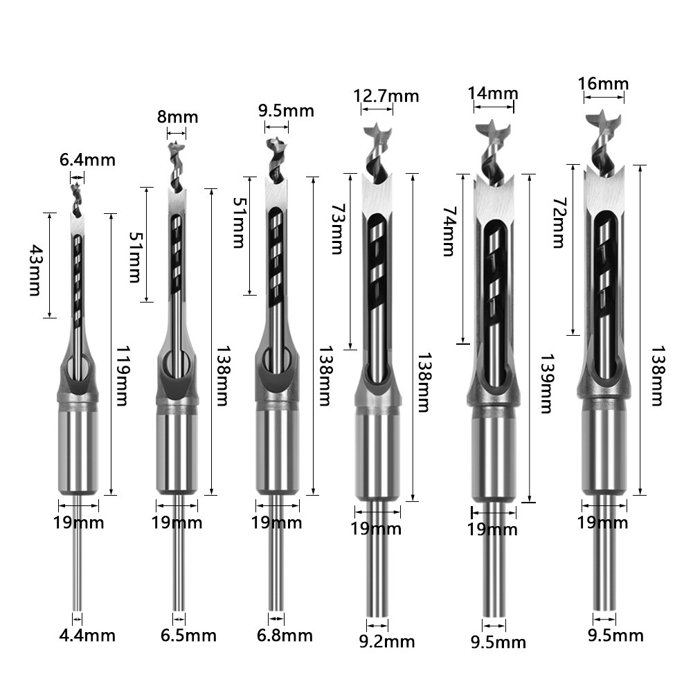 6Pcs/Set Square Hole Mortising Drilling Woodworking Saw Mortise Chisel ...