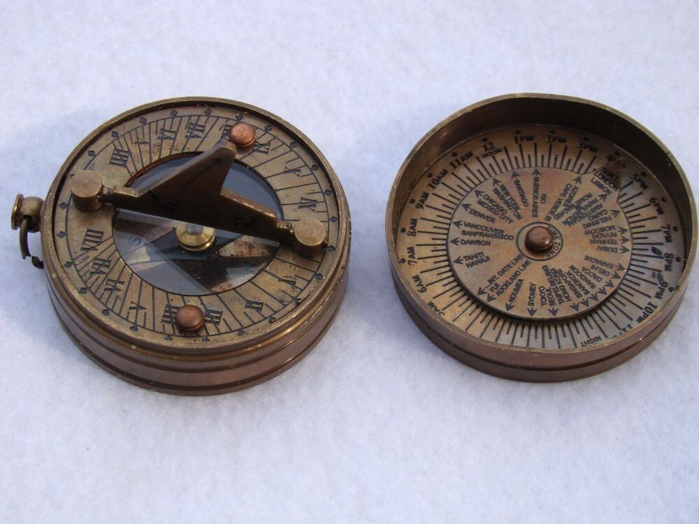 Antique Brass Pocket Sundial Compass Vintage Finish Nautical Maritime ...