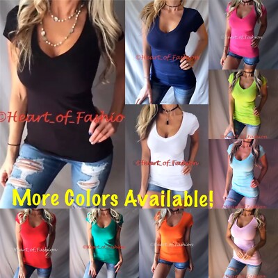 Women's Basic Low Cut Deep V-Neck Stretch Short Sleeve Slimming Top ...