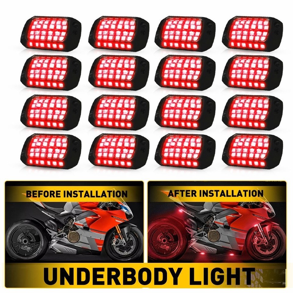 16Pods Waterproof LED Underglow Underbody Glow Lamp Pure Red LED Rock ...