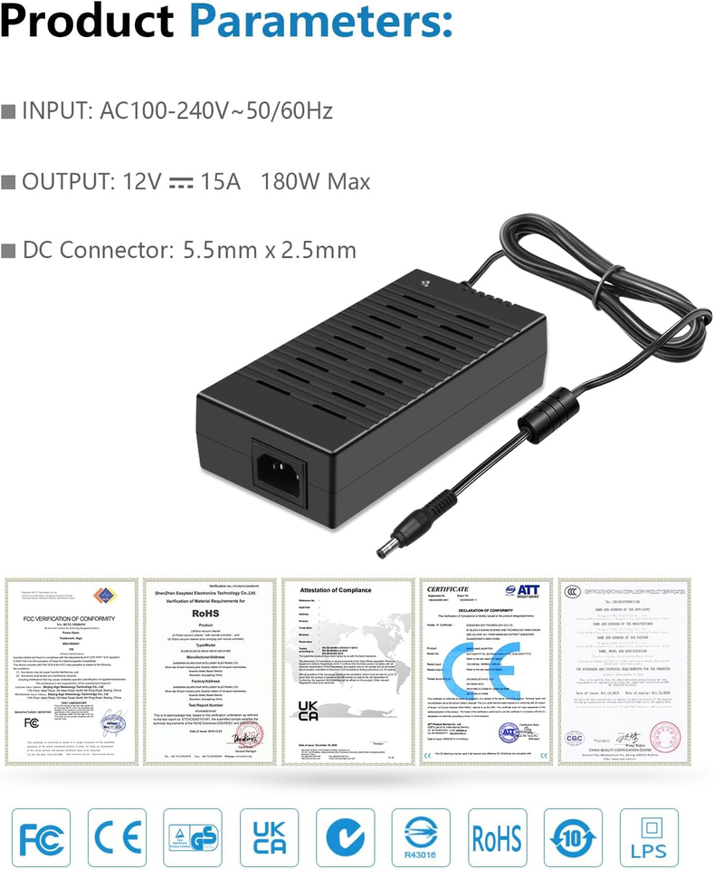 12V Power Supply DC 12 Volt Power Adapter 12Vdc 15A 180W AC DC Adapter ...