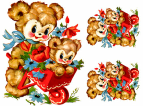 Vintage Image RARE Retro Bears Wheelbarrow Kid Transfers Waterslide ...