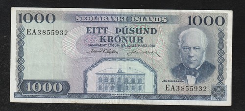 Iceland, 1000 Kronur, 1961, P-46, Banknote, Jon Sigurdson, Serie-EA38 ...