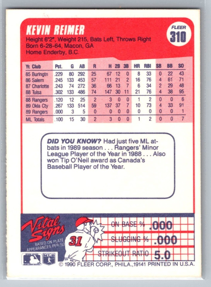 Kevin Reimer 1990 Fleer BASEBALL #310 Texas Rangers | eBay