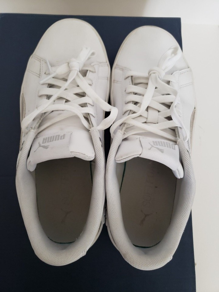 Women Puma smash platform V2L tennis shoe, color white with silver band ...