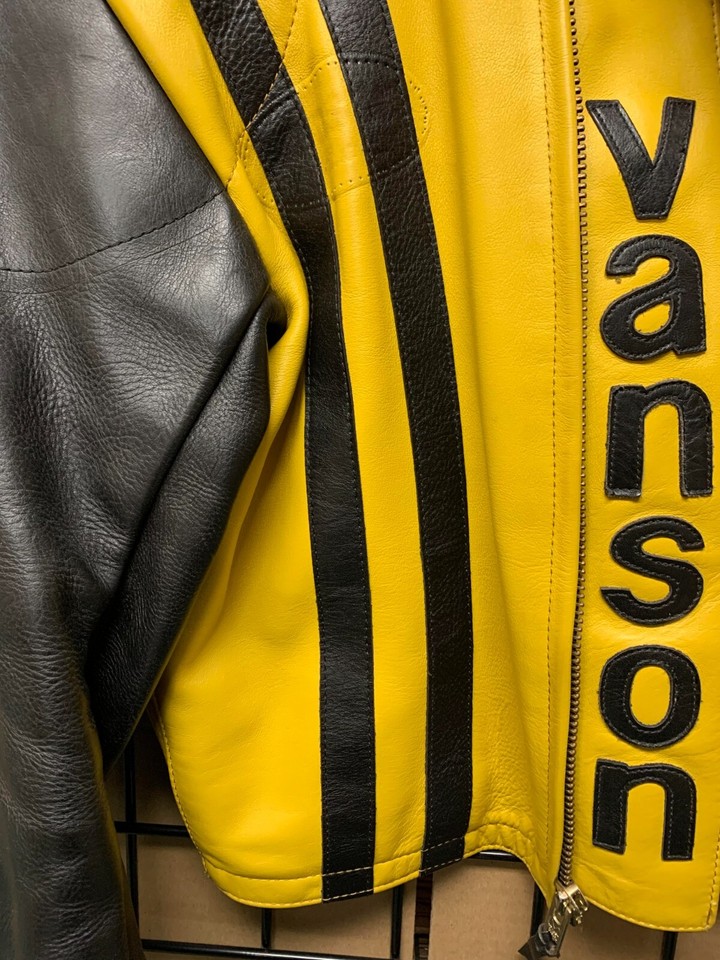 VANSON LEATHER MOTORCYCLE JACKET BLACK/YELLOW CHECKERED SIZE 40 USED | eBay