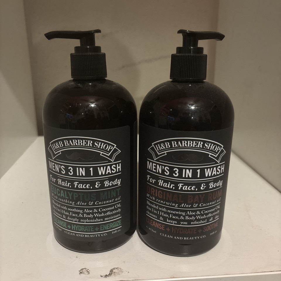 H&B Barber Shop men's 3 in 1 wash hair, face & Body NEW 2 BOTTLES 16oz ...