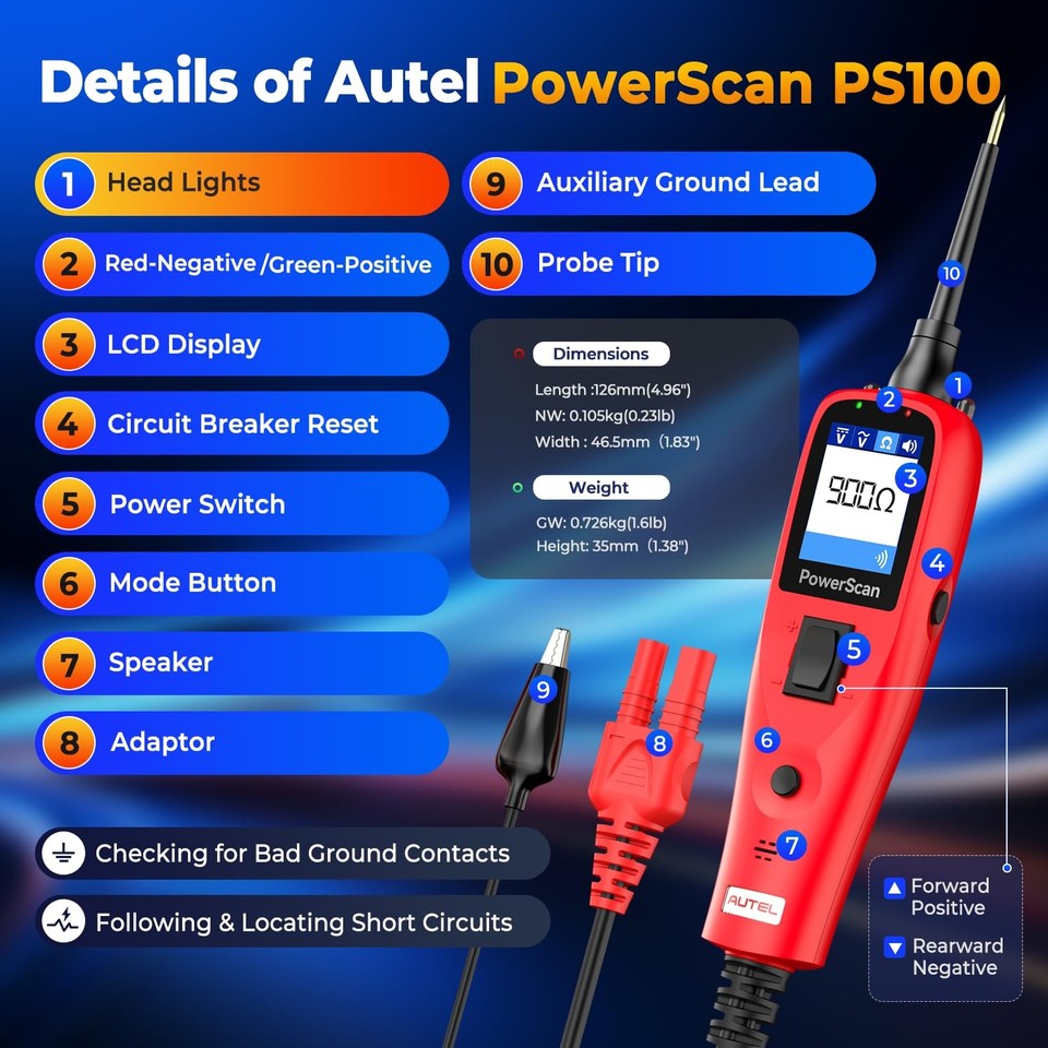 Autel PowerScan PS100 Automotive Circuit Tester 2.0, 12-24V Power ...