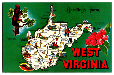 Postcard WV West Virginia Greetings From State Map Landmarks Flowers ...