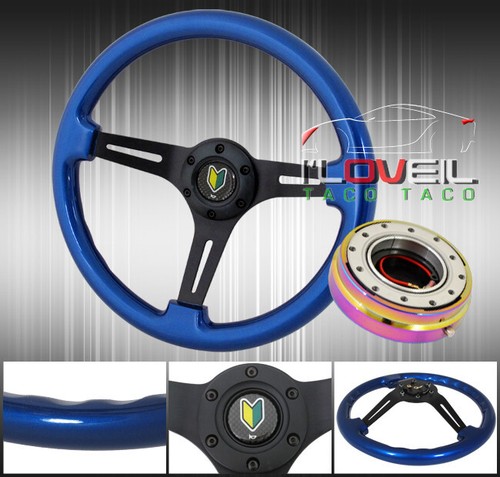 345mm Blue Wood Trim Jdm Steering Wheel + Neo Chrome Slim Quick Release ...