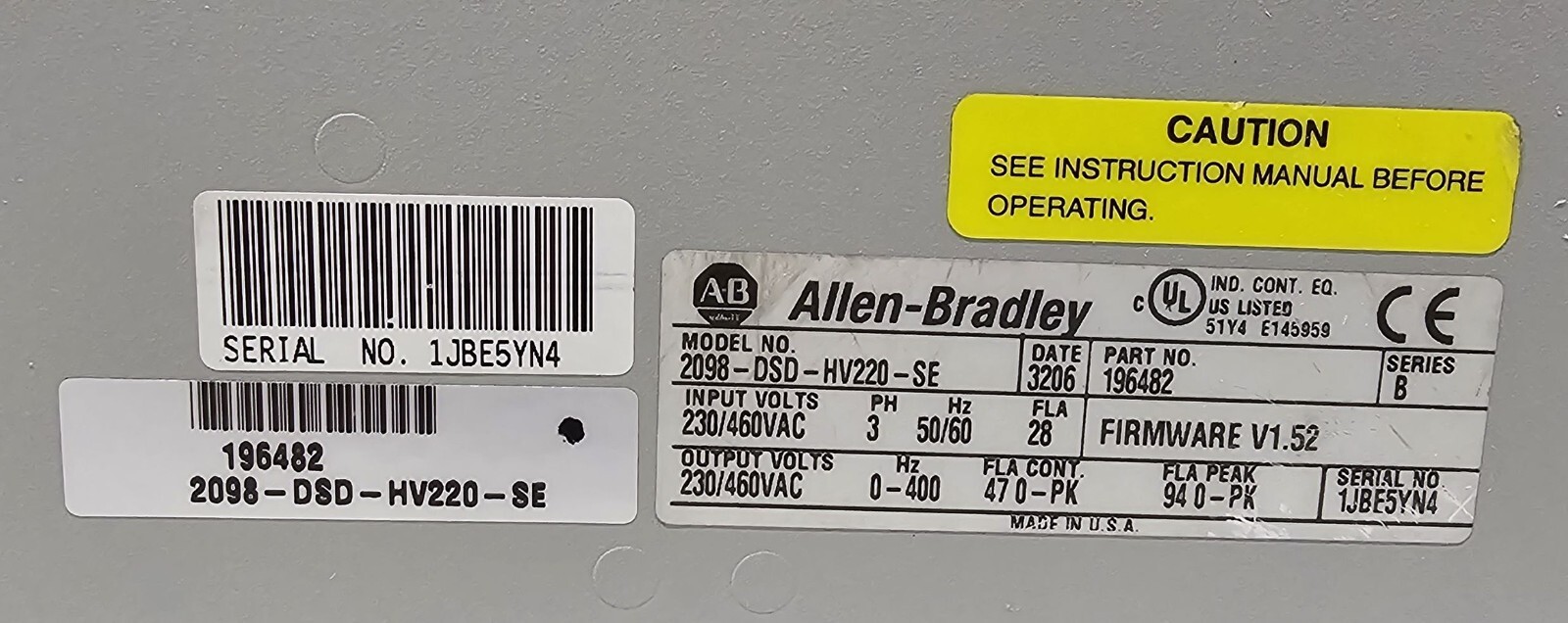 ALLEN BRADLEY 2098-DSD-HV220-SE, 196482, Ser B, V1.52, S/N 1JBE5YN4, 30 ...