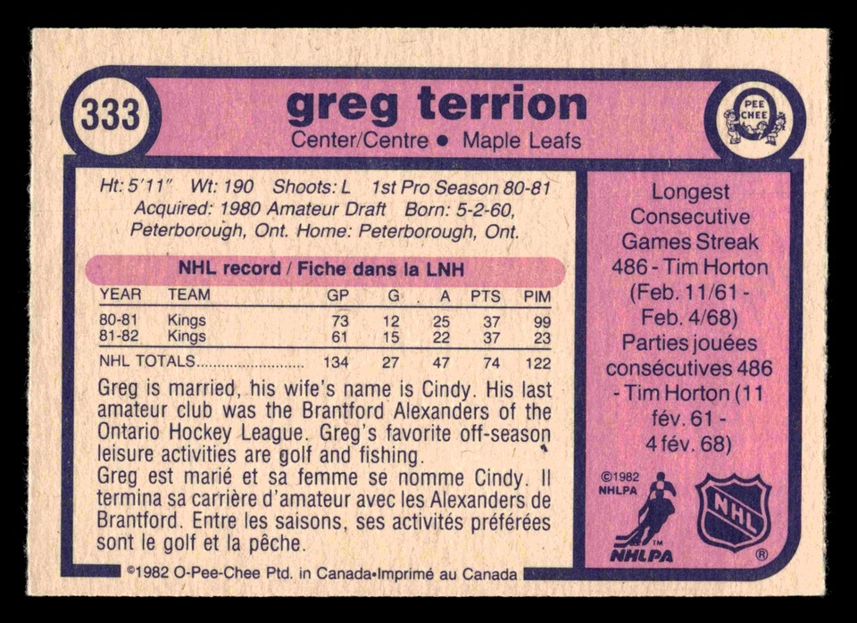 1982-83 O-Pee-Chee Greg Terrion #333 - Toronto Maple Leafs | eBay
