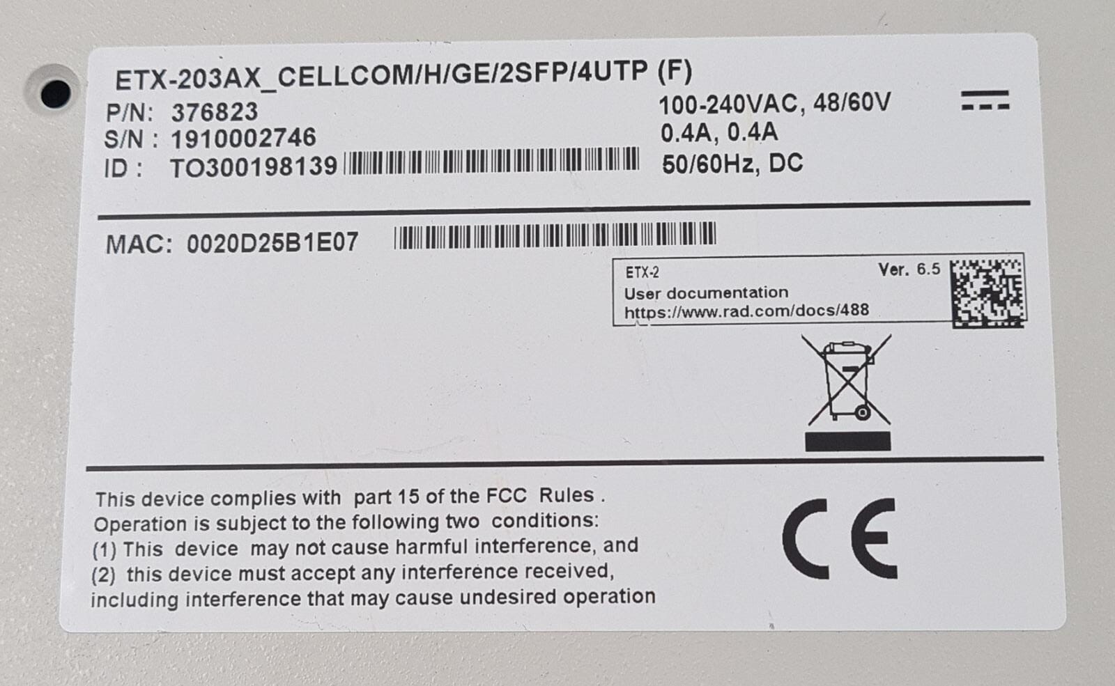 RAD ETX-203AX CELLCOM/H/GE/2SFP/4UTP (F) 376823 SWITCH MODULE ...