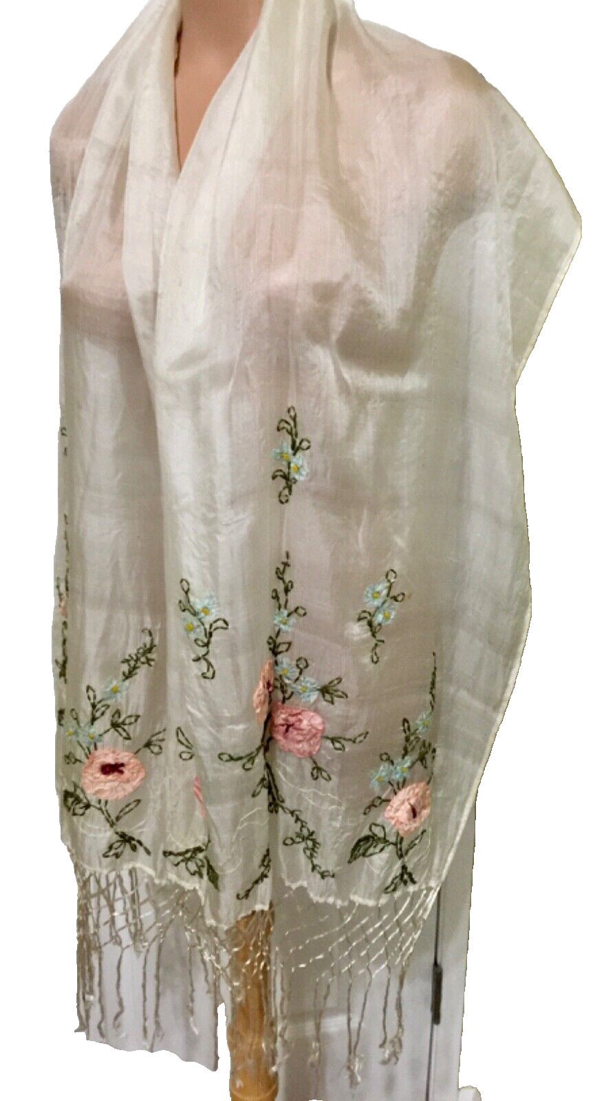 Antique scarf Cream Embroidered Vintage Boho Silk BoH… - Gem