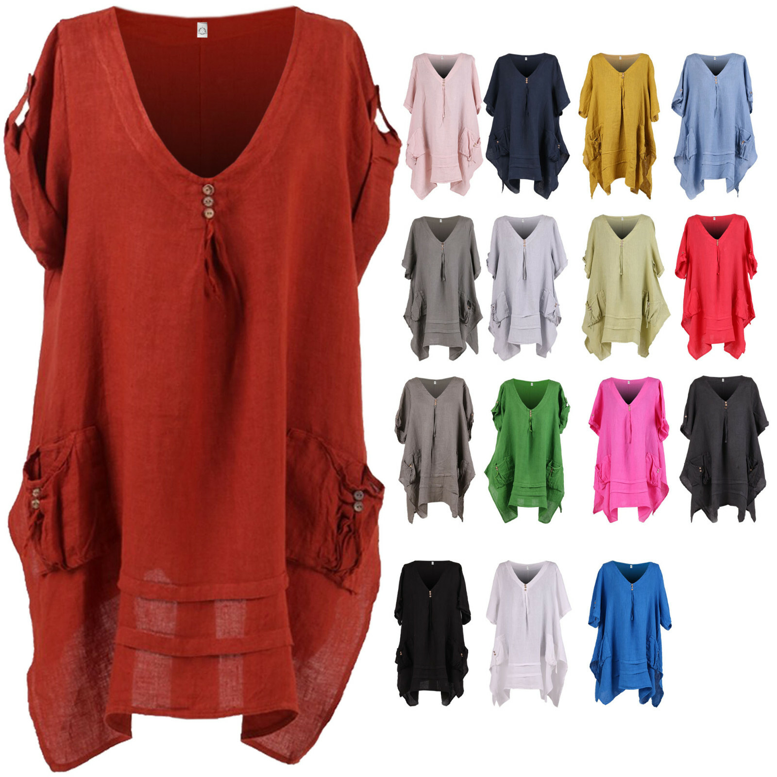 Ladies Italian Quirky V Neck Lagenlook Linen Kaftan Womens Plain Tunic ...