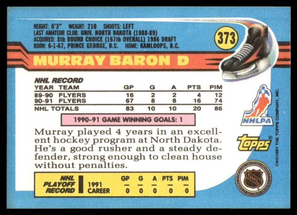 1991-92 Topps #373 Murray Baron Philadelphia Flyers | eBay