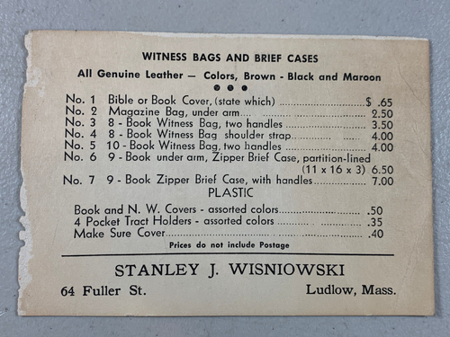 Jehovahs Witnesses Book Bag Order Form Stanley J Wisniowski Watchtower ...