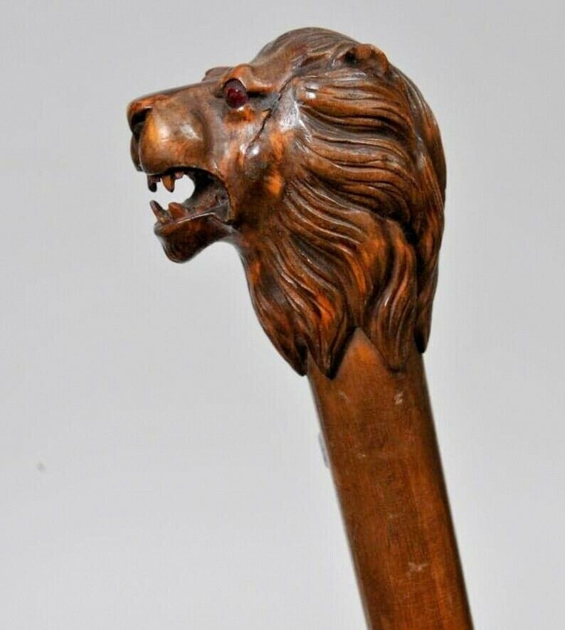 Wooden Walking Stick Cane Lion Head Handle Animal Woo… - Gem