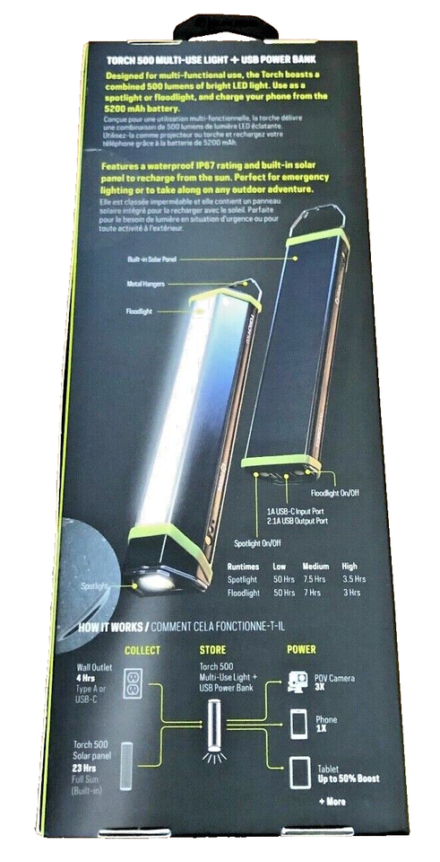 Goal Zero TORCH 500 Rechargeable Solar Multi - Use LIGHT + USB Power ...