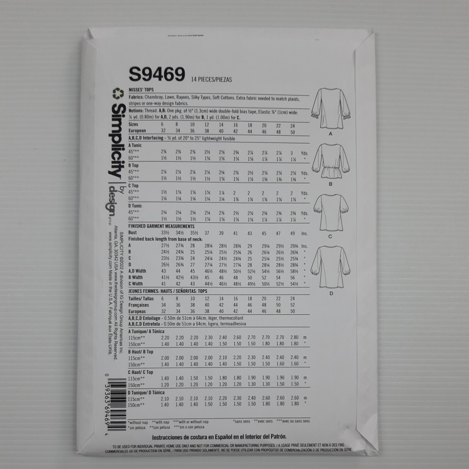 Simplicity Sewing Pattern 9469 S9469 Women's Tops w/variations Size 16 ...