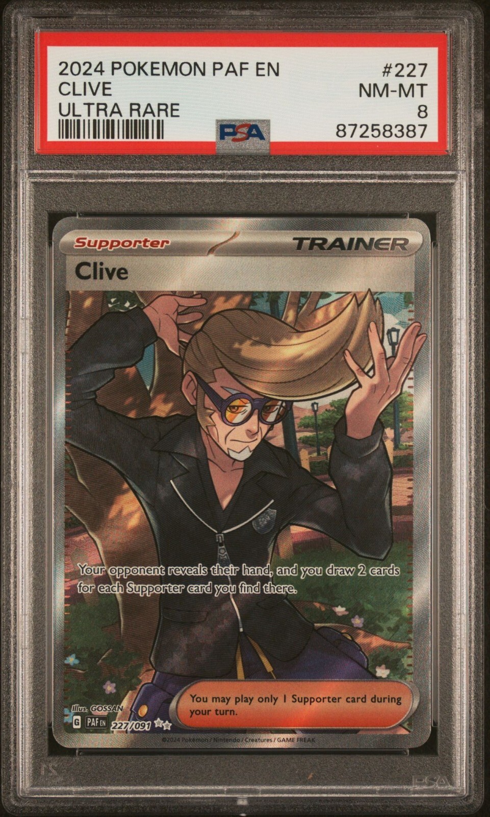 PSA 8 NM-MT 227/91 Clive Ultra Rare Full Art Trainer Pokemon Paldean ...