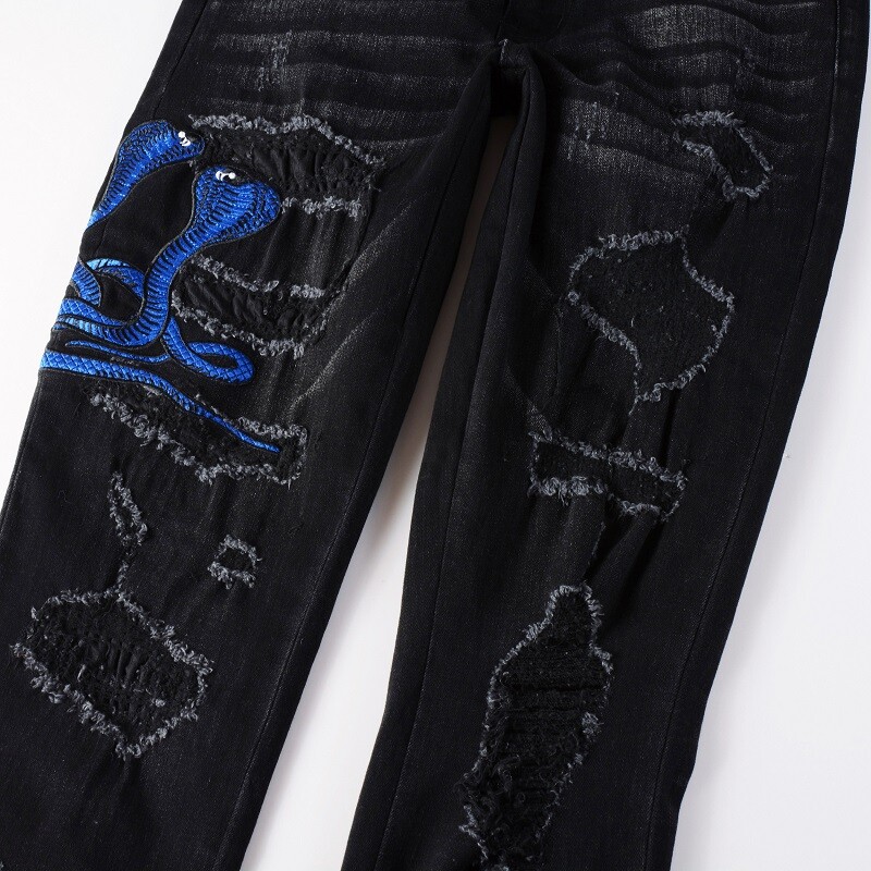 Men's Skinny Stretch Patches Jeans Distressed Washed Denim Snake ...