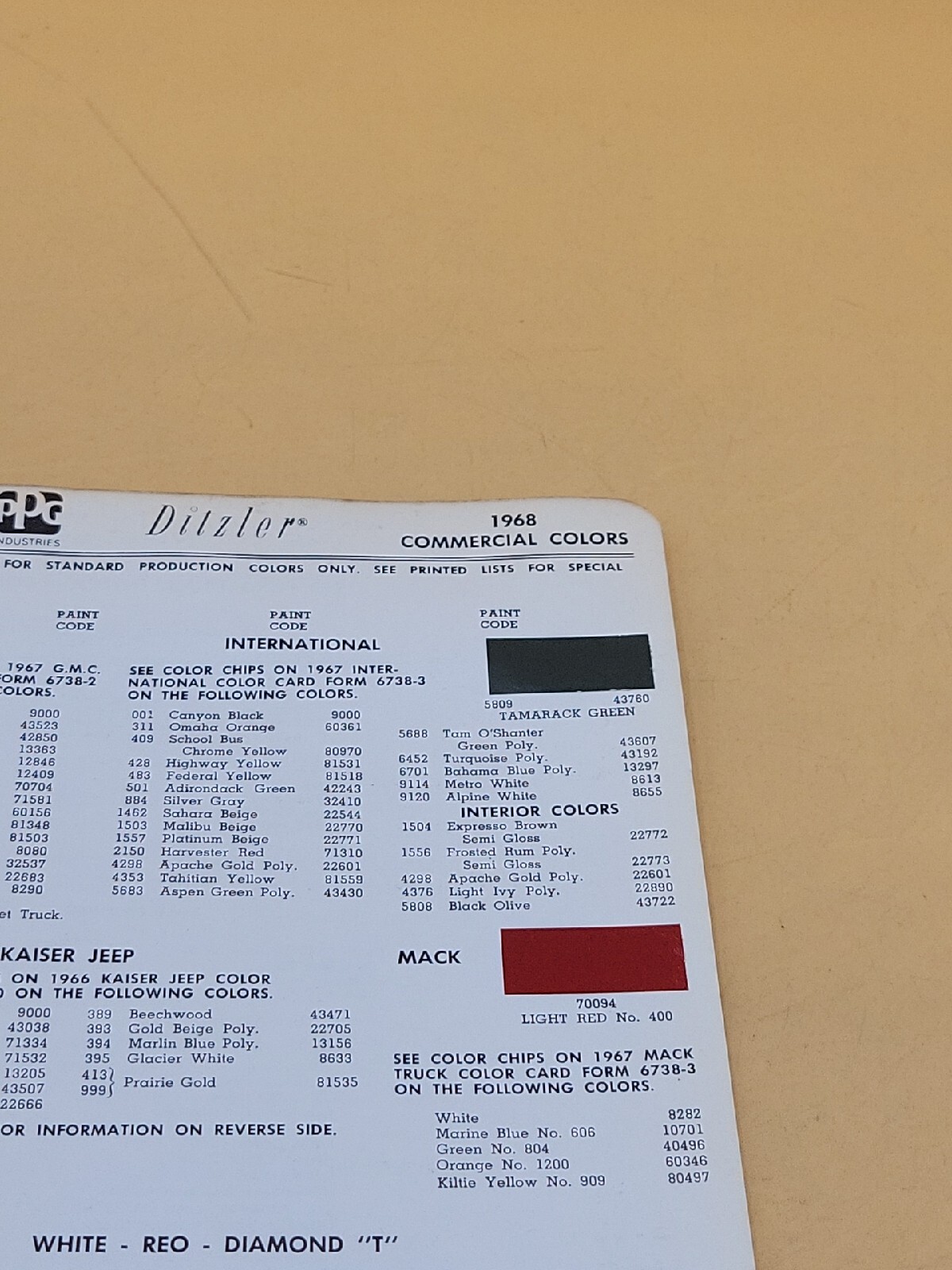 1968 PPG DITZLER COMMERCIAL COLORS GMC KAISER JEEP WHITE REO PAINT CHIP ...