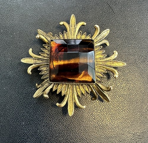 VINTAGE RARE FREIRICH FAUX AMBER HERALDIC BROOCH PIN JEWELRY 2" SPECIAL ...