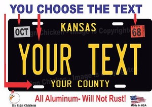 Kansas License Plate Personalized Custom Auto Car Bike Moped Motorcycle ...